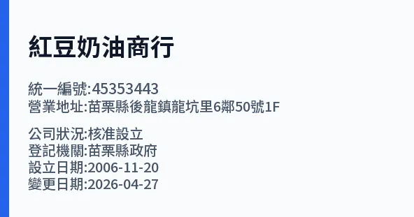 紅豆奶油商行的照片-統編 45353443(苗栗縣) 公司登記資料與營業項目詳細圖表