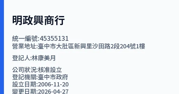 明政興商行的照片-統編 45355131(臺中市) 公司登記資料與營業項目詳細圖表
