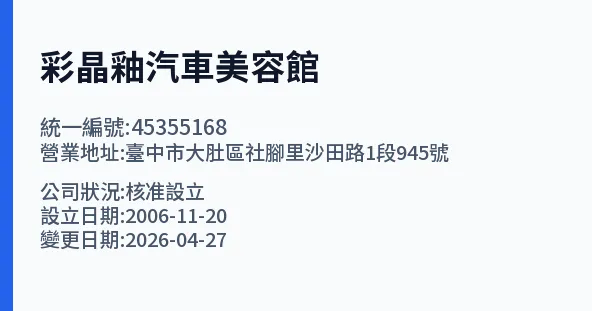 彩晶釉汽車美容館的照片-統編 45355168(臺中市) 公司登記資料與營業項目詳細圖表