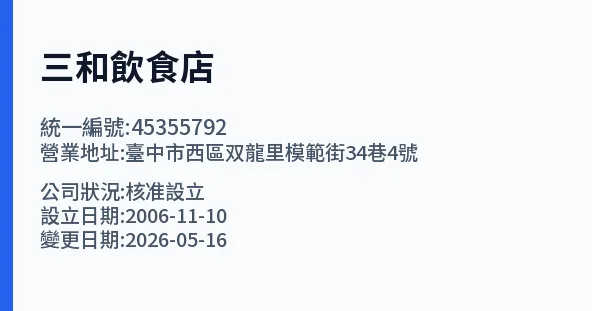三和飲食店的照片-統編 45355792(臺中市) 公司登記資料與營業項目詳細圖表