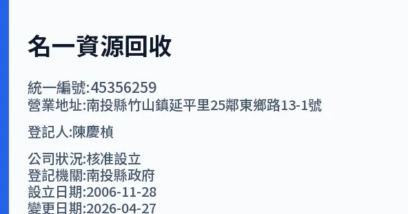 名一資源回收的照片-統編 45356259(南投縣) 公司登記資料與營業項目詳細圖表