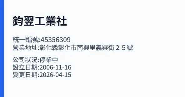 鈞翌工業社的照片-統編 45356309(彰化縣) 公司登記資料與營業項目詳細圖表