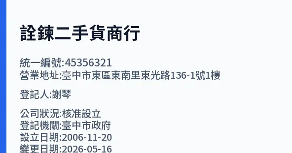 詮鍊二手貨商行的照片-統編 45356321(臺中市) 公司登記資料與營業項目詳細圖表