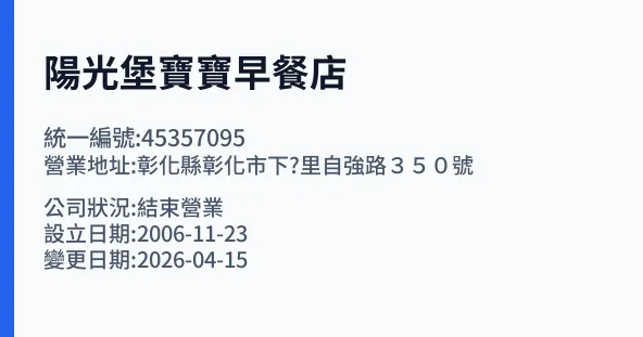 陽光堡寶寶早餐店的照片-統編 45357095(彰化縣) 公司登記資料與營業項目詳細圖表