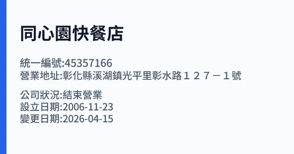 同心園快餐店的照片-統編 45357166(彰化縣) 公司登記資料與營業項目詳細圖表