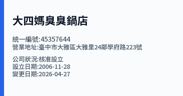 大四媽臭臭鍋店的照片-統編 45357644(臺中市) 公司登記資料與營業項目詳細圖表