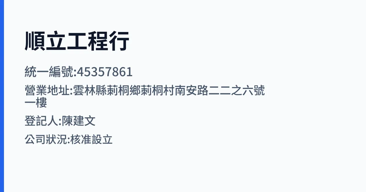順立工程行 - 統編 45357861(雲林縣) 公司登記資料與營業項目詳細圖表