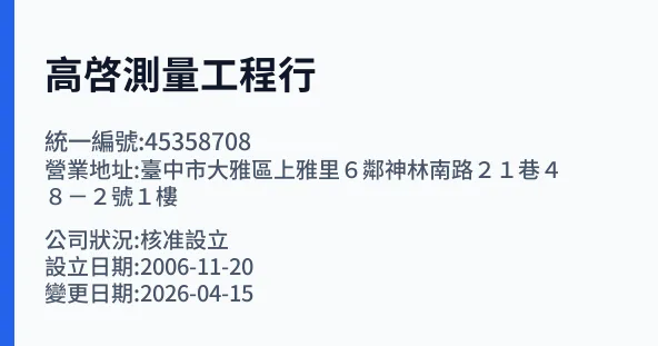 高啓測量工程行的照片-統編 45358708(臺中市) 公司登記資料與營業項目詳細圖表