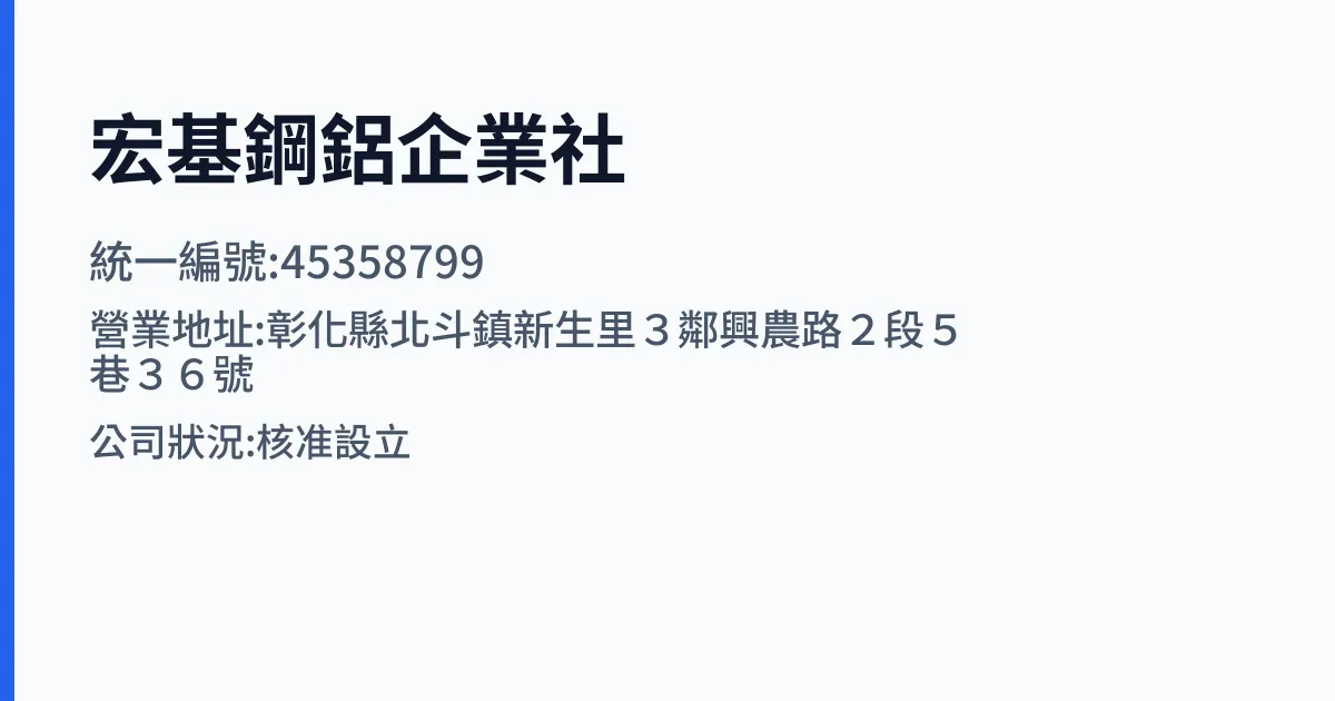 宏基鋼鋁企業社 - 統編 45358799(彰化縣) 公司登記資料與營業項目詳細圖表