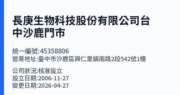 長庚生物科技股份有限公司台中沙鹿門市的照片-統編 45358806(臺中市) 公司登記資料與營業項目詳細圖表