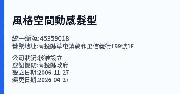 風格空間動感髮型的照片-統編 45359018(南投縣) 公司登記資料與營業項目詳細圖表