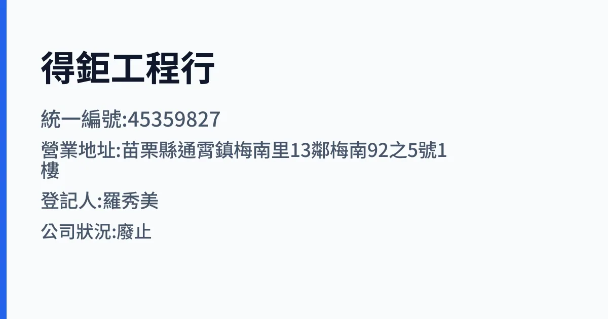 得鉅工程行 - 統編 45359827(苗栗縣) 公司登記資料與營業項目詳細圖表