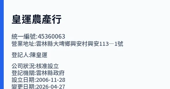 皇運農產行的照片-統編 45360063(雲林縣) 公司登記資料與營業項目詳細圖表