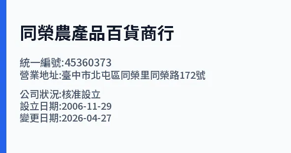 同榮農產品百貨商行的照片-統編 45360373(臺中市) 公司登記資料與營業項目詳細圖表