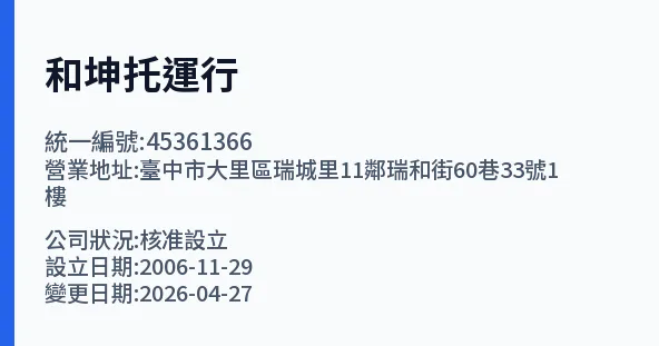 和坤托運行的照片-統編 45361366(臺中市) 公司登記資料與營業項目詳細圖表