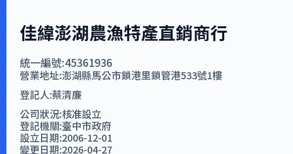 佳緯澎湖農漁特產直銷商行的照片-統編 45361936(澎湖縣) 公司登記資料與營業項目詳細圖表