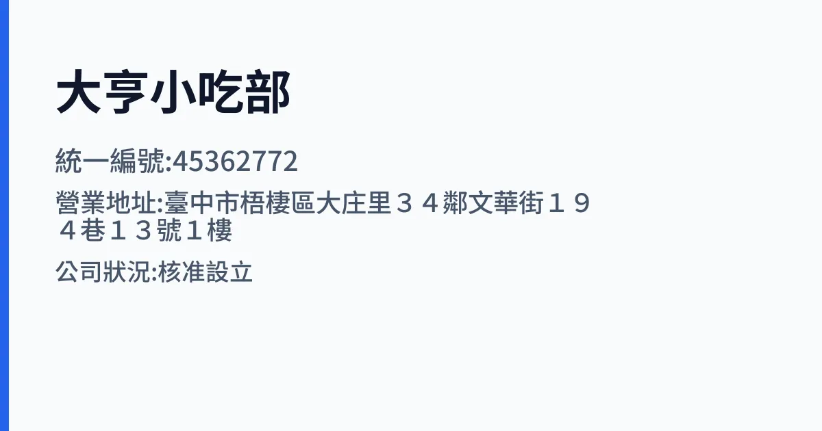 大亨小吃部 - 統編 45362772(臺中市) 公司登記資料與營業項目詳細圖表