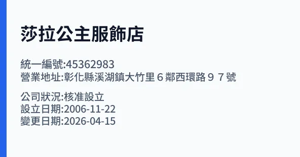 莎拉公主服飾店的照片-統編 45362983(彰化縣) 公司登記資料與營業項目詳細圖表