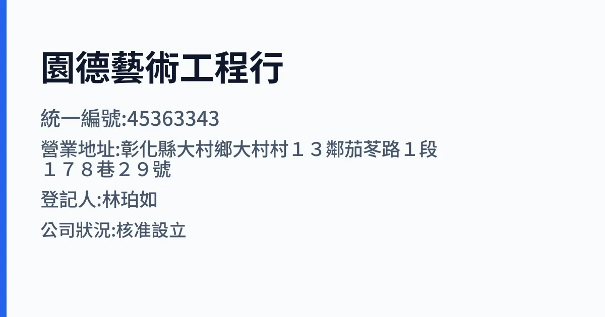 園德藝術工程行 - 統編 45363343(彰化縣) 公司登記資料與營業項目詳細圖表