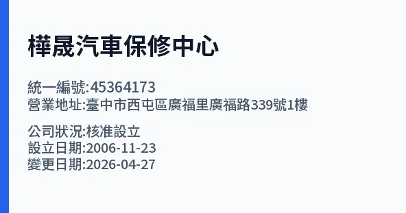 樺晟汽車保修中心的照片-統編 45364173(臺中市) 公司登記資料與營業項目詳細圖表