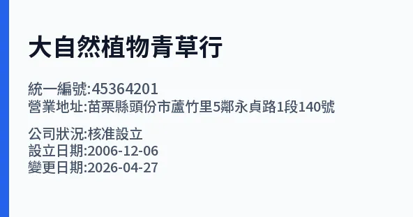 大自然植物青草行的照片-統編 45364201(苗栗縣) 公司登記資料與營業項目詳細圖表