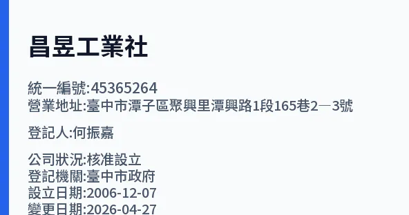 昌昱工業社的照片-統編 45365264(臺中市) 公司登記資料與營業項目詳細圖表