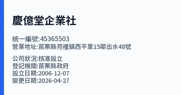 慶億堂企業社的照片-統編 45365503(苗栗縣) 公司登記資料與營業項目詳細圖表
