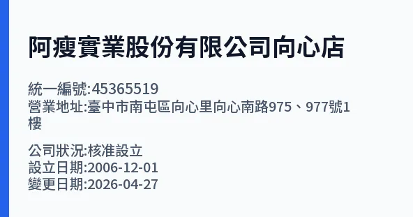 阿瘦實業股份有限公司向心店的照片-統編 45365519(臺中市) 公司登記資料與營業項目詳細圖表