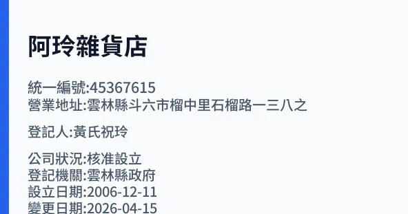 阿玲雜貨店的照片-統編 45367615(雲林縣) 公司登記資料與營業項目詳細圖表