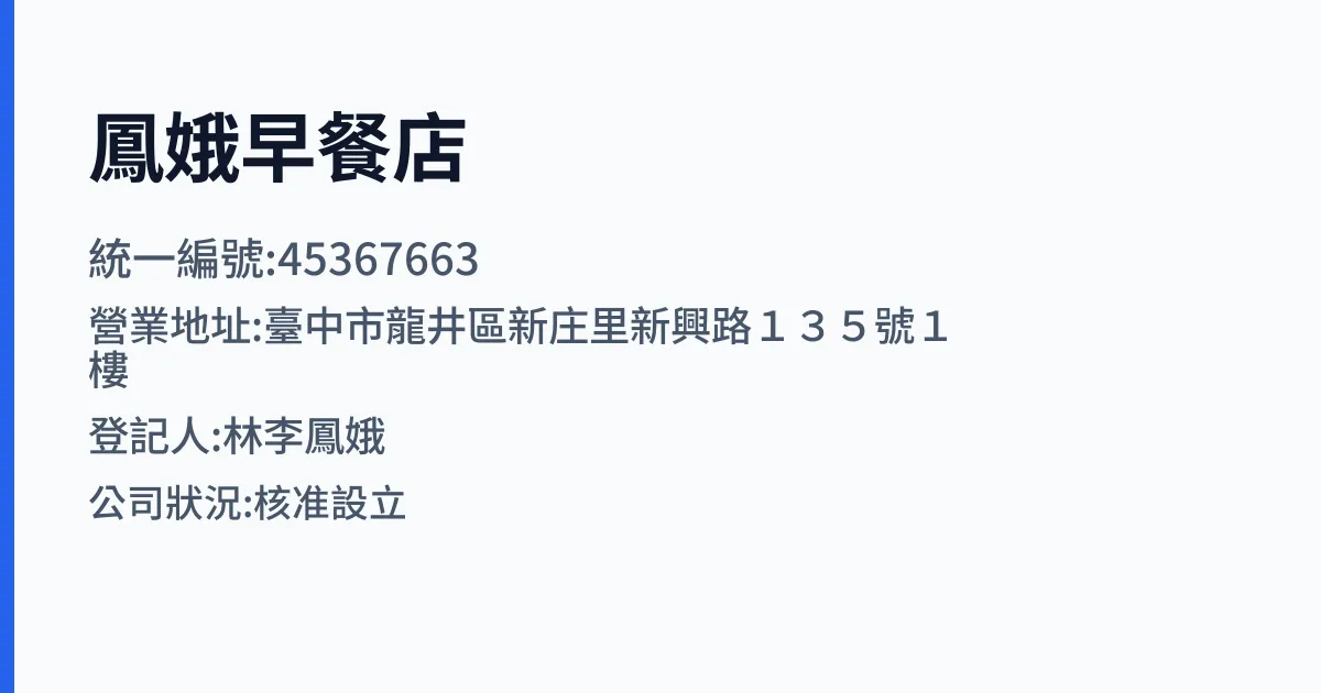 鳳娥早餐店 - 統編 45367663(臺中市) 公司登記資料與營業項目詳細圖表