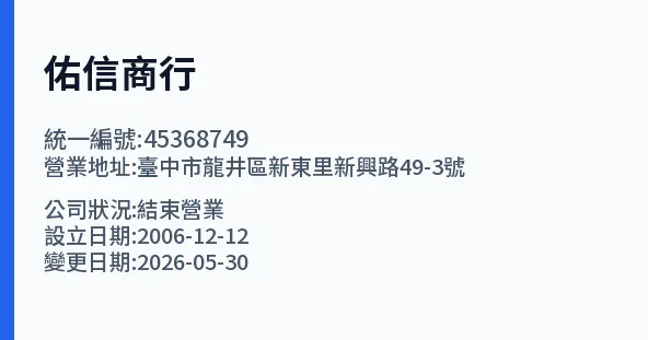 佑信商行的照片-統編 45368749(臺中市) 公司登記資料與營業項目詳細圖表
