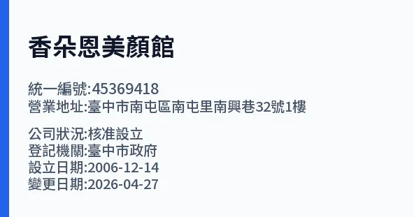 香朵恩美顏館的照片-統編 45369418(臺中市) 公司登記資料與營業項目詳細圖表