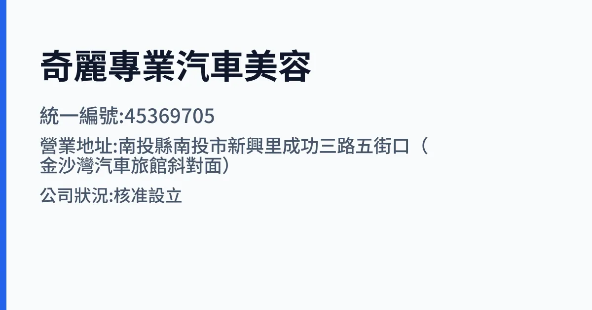 奇麗專業汽車美容 - 統編 45369705(南投縣) 公司登記資料與營業項目詳細圖表