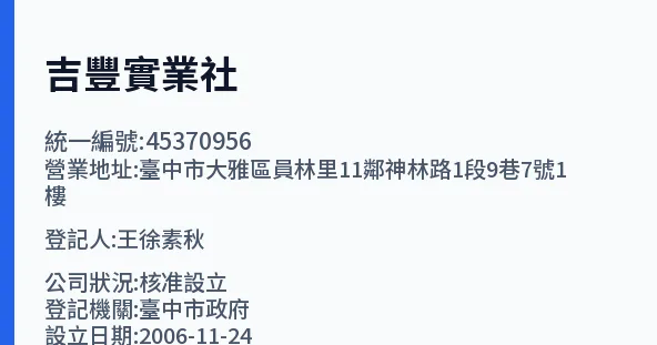 吉豐實業社的照片-統編 45370956(臺中市) 公司登記資料與營業項目詳細圖表