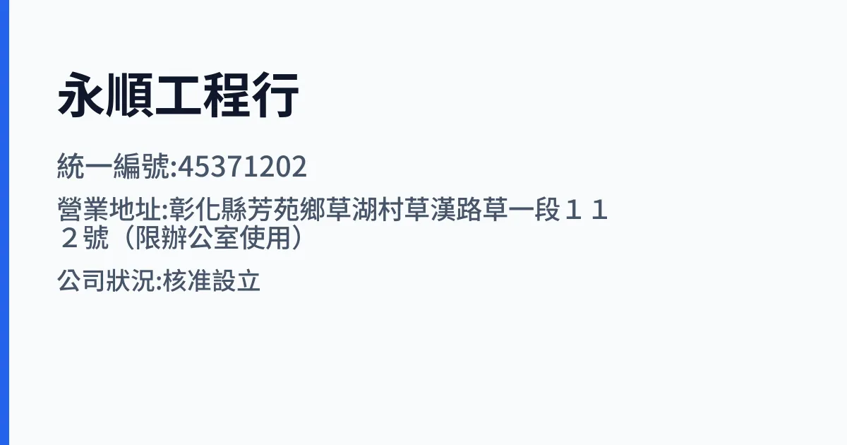 永順工程行 - 統編 45371202(彰化縣) 公司登記資料與營業項目詳細圖表