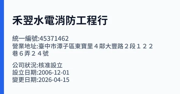 禾翌水電消防工程行的照片-統編 45371462(臺中市) 公司登記資料與營業項目詳細圖表