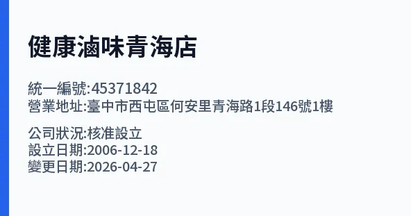 健康滷味青海店的照片-統編 45371842(臺中市) 公司登記資料與營業項目詳細圖表