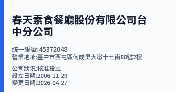 春天素食餐廳股份有限公司台中分公司的照片-統編 45372048(臺中市) 公司登記資料與營業項目詳細圖表
