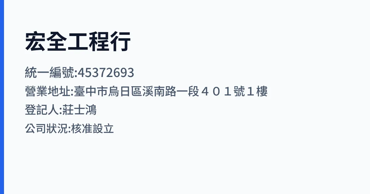 宏全工程行 - 統編 45372693(臺中市) 公司登記資料與營業項目詳細圖表