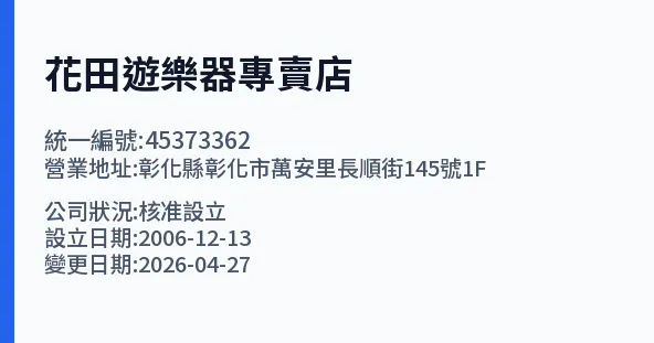 花田遊樂器專賣店的照片-統編 45373362(彰化縣) 公司登記資料與營業項目詳細圖表