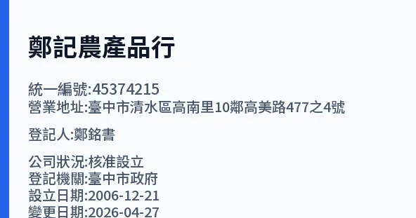 鄭記農產品行的照片-統編 45374215(臺中市) 公司登記資料與營業項目詳細圖表