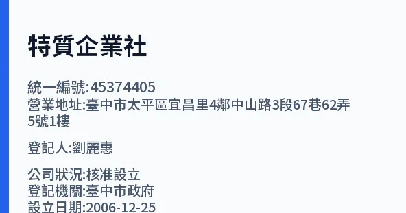 特質企業社的照片-統編 45374405(臺中市) 公司登記資料與營業項目詳細圖表