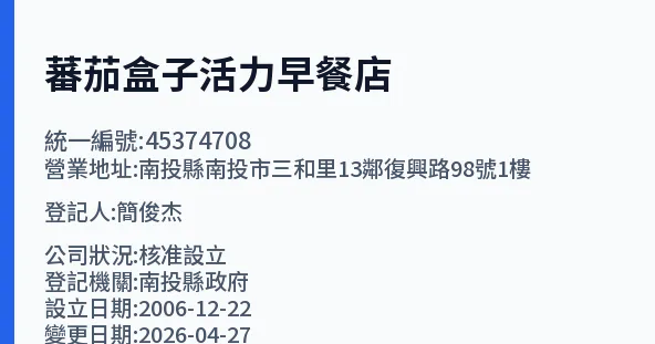 蕃茄盒子活力早餐店的照片-統編 45374708(南投縣) 公司登記資料與營業項目詳細圖表