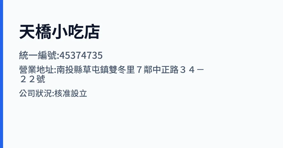 天橋小吃店 - 統編 45374735(南投縣) 公司登記資料與營業項目詳細圖表