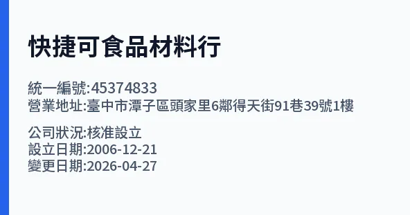 快捷可食品材料行的照片-統編 45374833(臺中市) 公司登記資料與營業項目詳細圖表