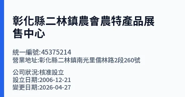 彰化縣二林鎮農會農特產品展售中心的照片-統編 45375214(彰化縣) 公司登記資料與營業項目詳細圖表