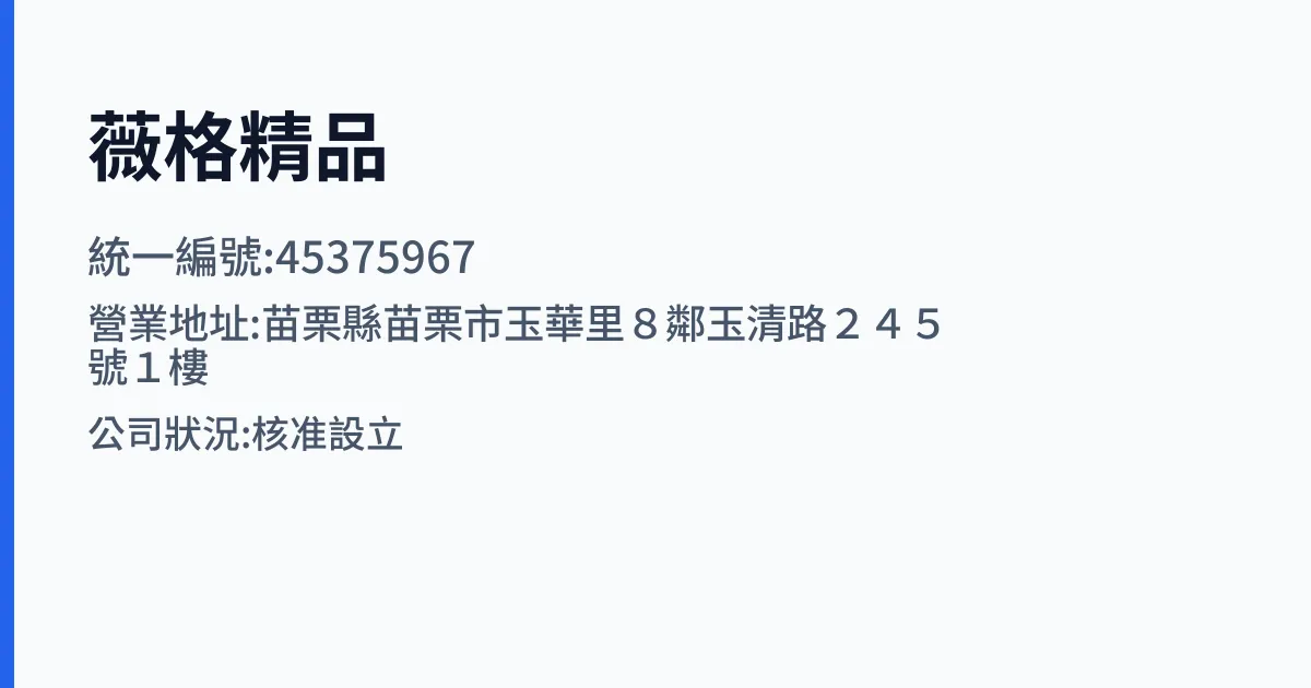 薇格精品 - 統編 45375967(苗栗縣) 公司登記資料與營業項目詳細圖表