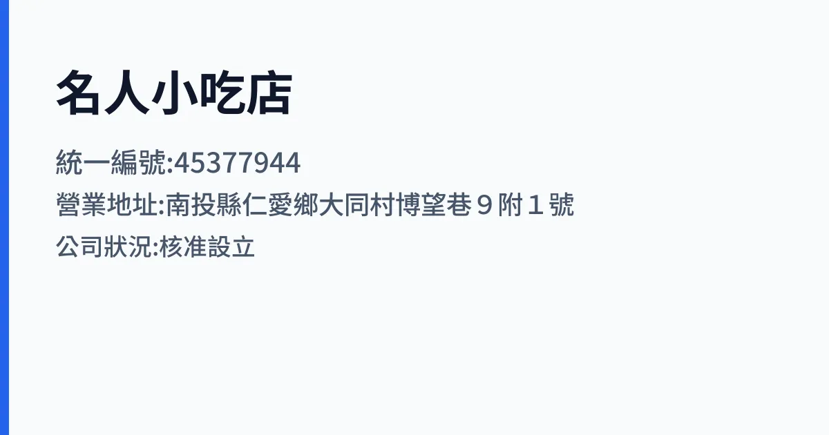 名人小吃店 - 統編 45377944(南投縣) 公司登記資料與營業項目詳細圖表