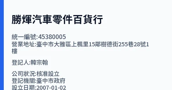 勝煇汽車零件百貨行的照片-統編 45380005(臺中市) 公司登記資料與營業項目詳細圖表
