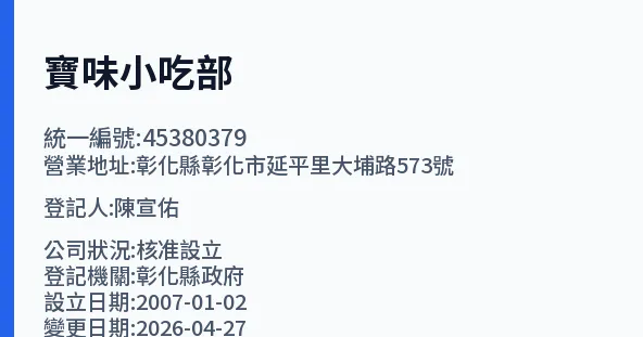 寶味小吃部的照片-統編 45380379(彰化縣) 公司登記資料與營業項目詳細圖表